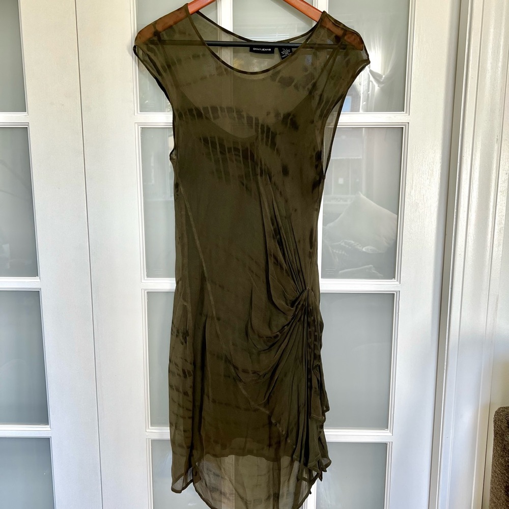 Dkny Olive Green Tie Dye Ruched Midi Dress - Gem